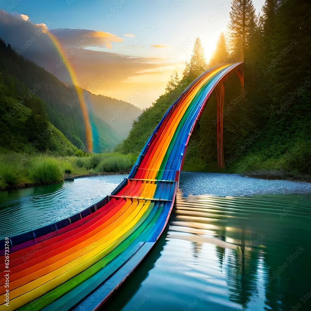 rainbow bridge over river generated by AI technology Stock Photo ...