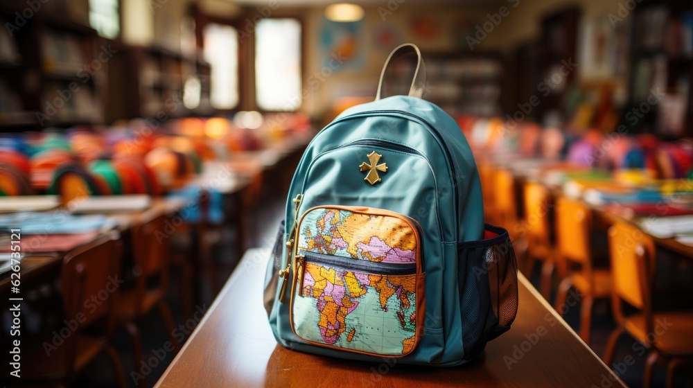 Foto de School classroom New school bag on a student's desk in the ...