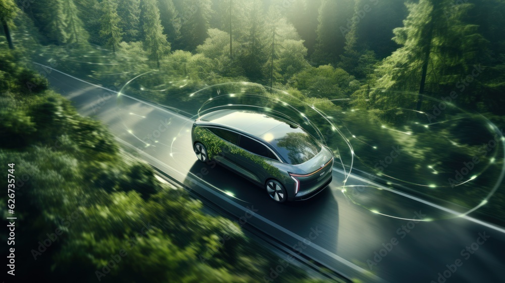 Eco car on a forest road with earth planet through the forest, healthy ...