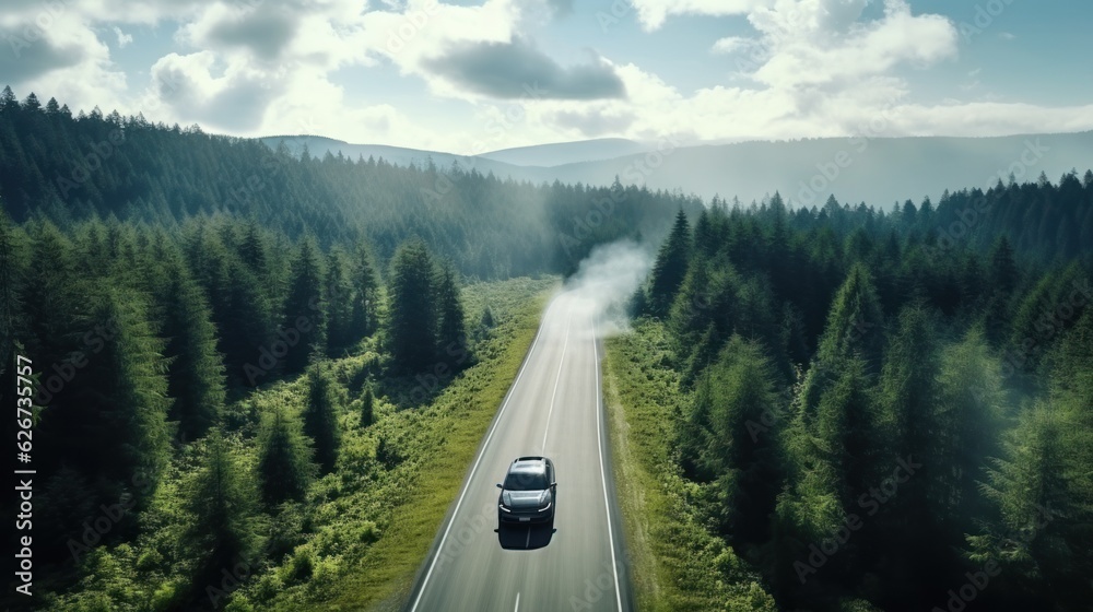 Eco car on a forest road with earth planet through the forest, healthy ...