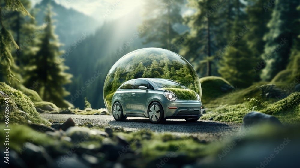 Eco car on a forest road with earth planet through the forest, healthy ...