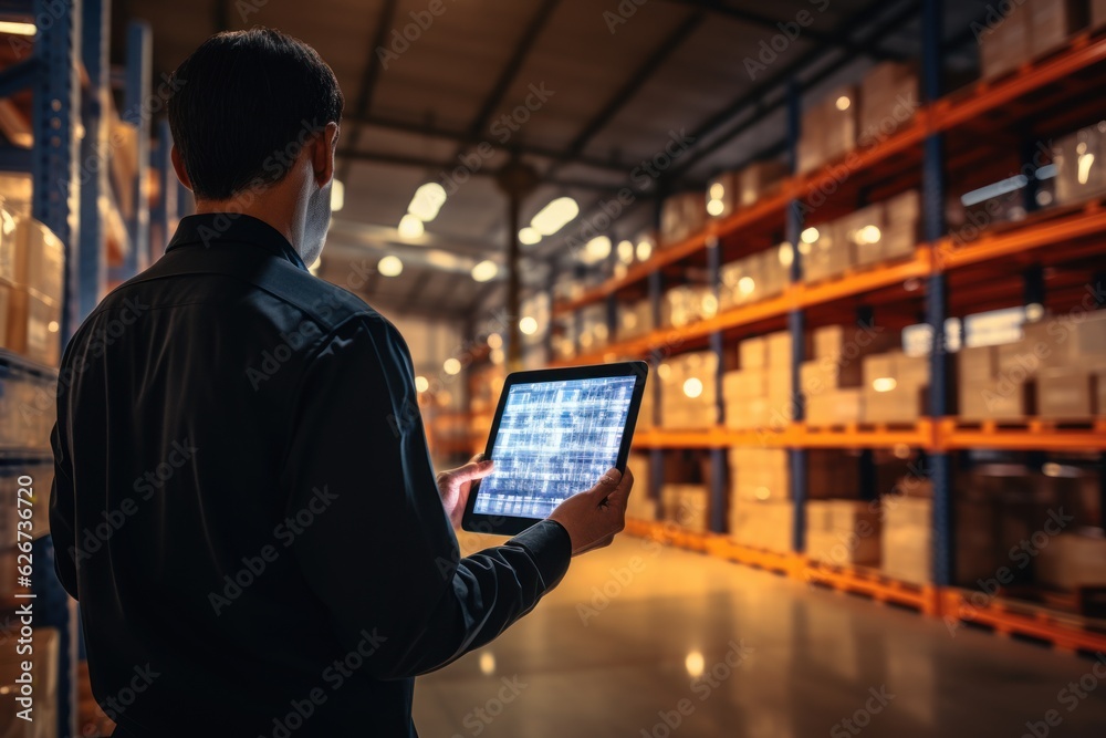 Smart warehouse, inventory management system concept, a manager using ...