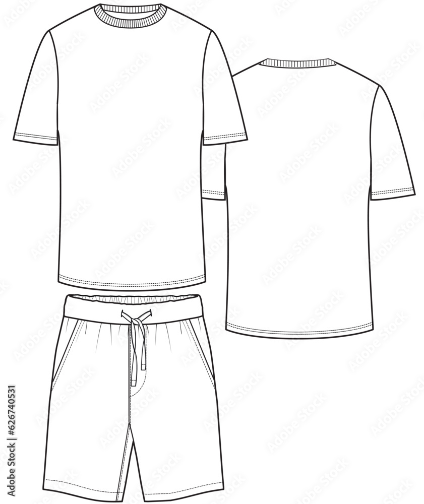 mens short sleeve crew neck t shirt and drawstring shorts flat sketch ...