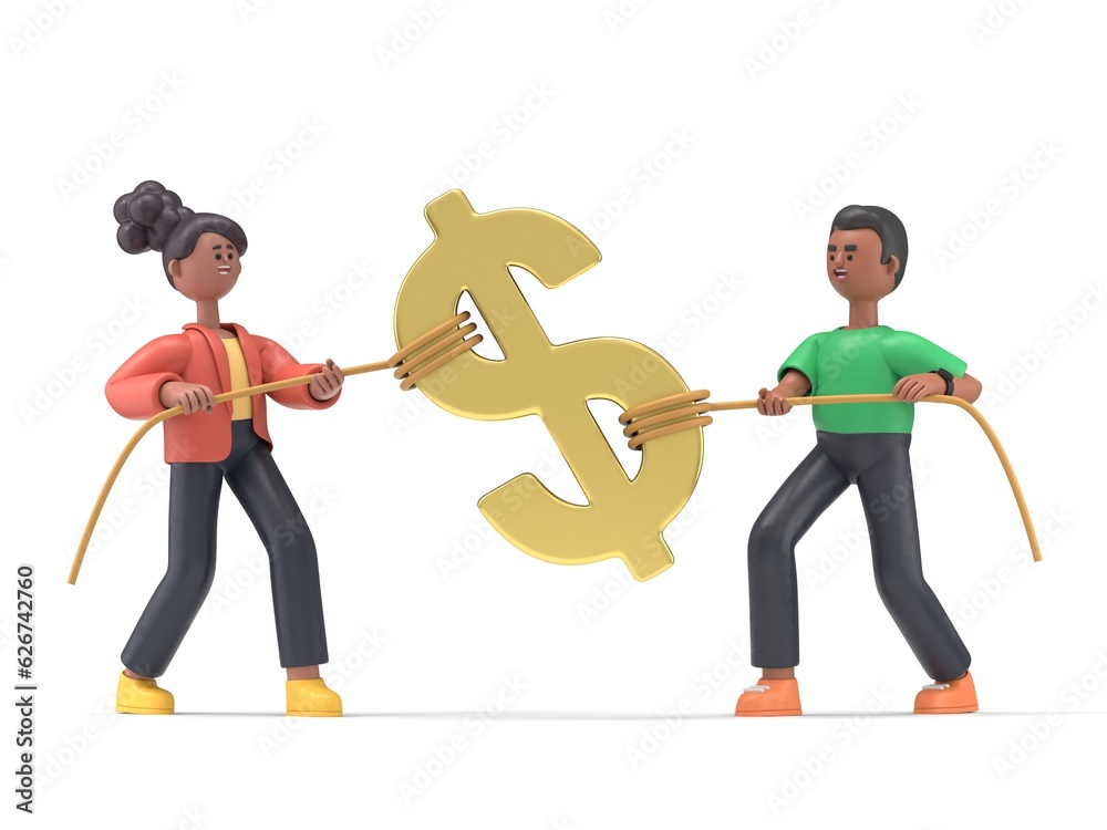 Two businessmen break sing dollar bill with rope. Tearing money. Divide ...