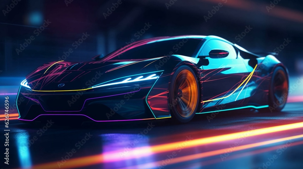 Modern beautiful fast race car sports car is driving fast on the night ...