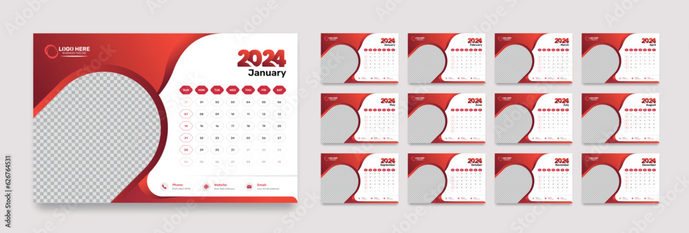Abstract red gradient color corporate desk calendar template with 12 ...
