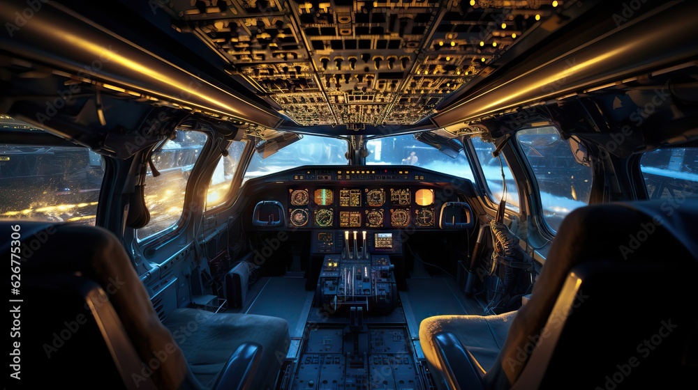 The complex and high-tech flight deck of a commercial airplane, the ...