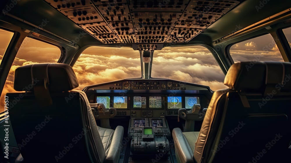 The complex and high-tech flight deck of a commercial airplane, the ...