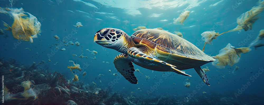 Plastic pollution in ocean with turles. Turtle eat a plastic waste ...