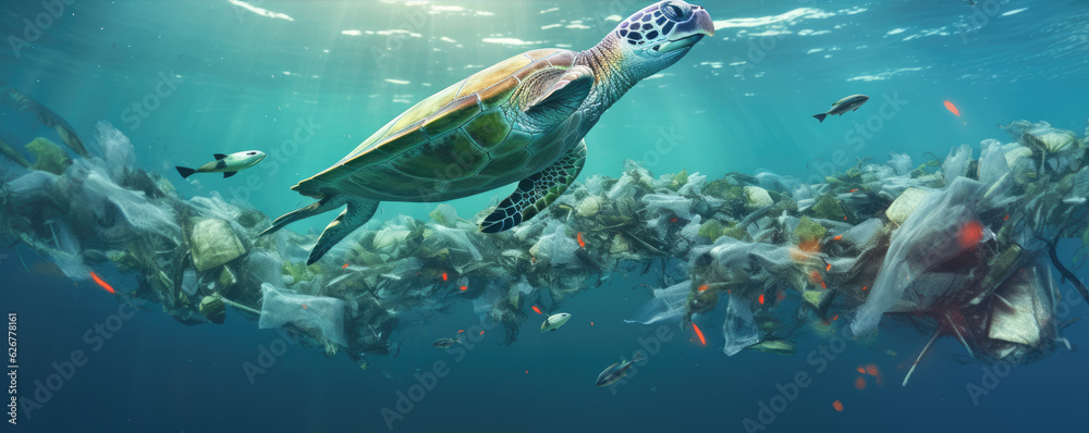 Plastic pollution in ocean with turles. Turtle eat a plastic waste ...
