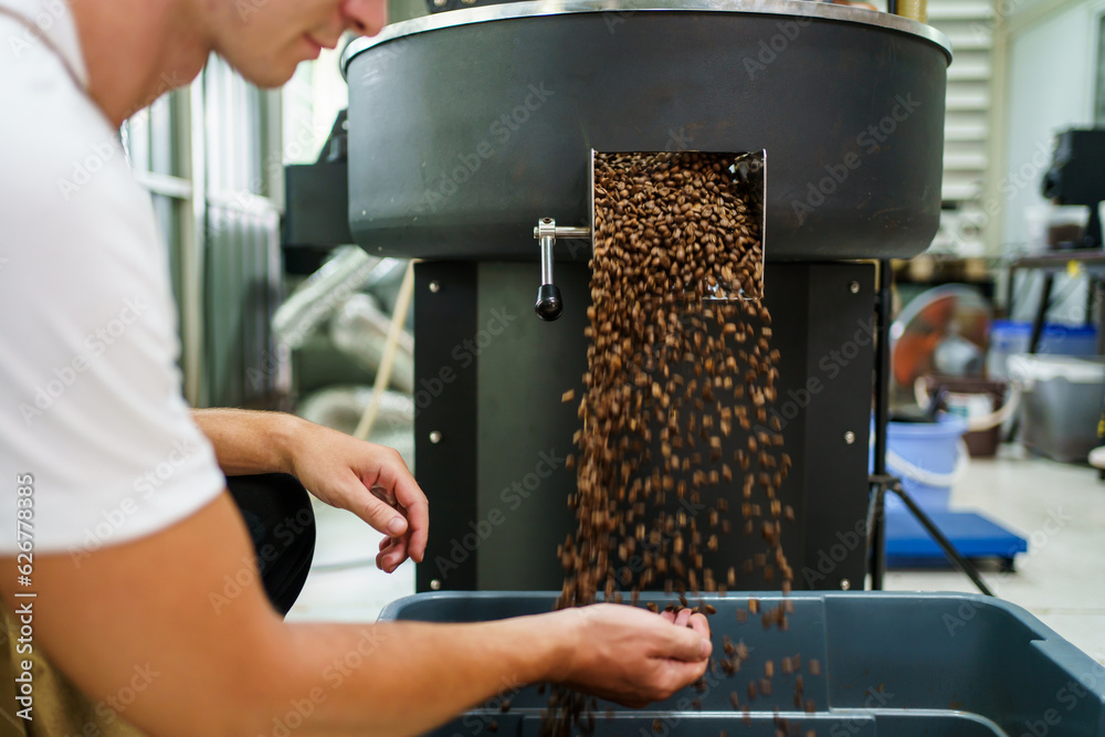Professional male and female coffee roasters working with modern ...