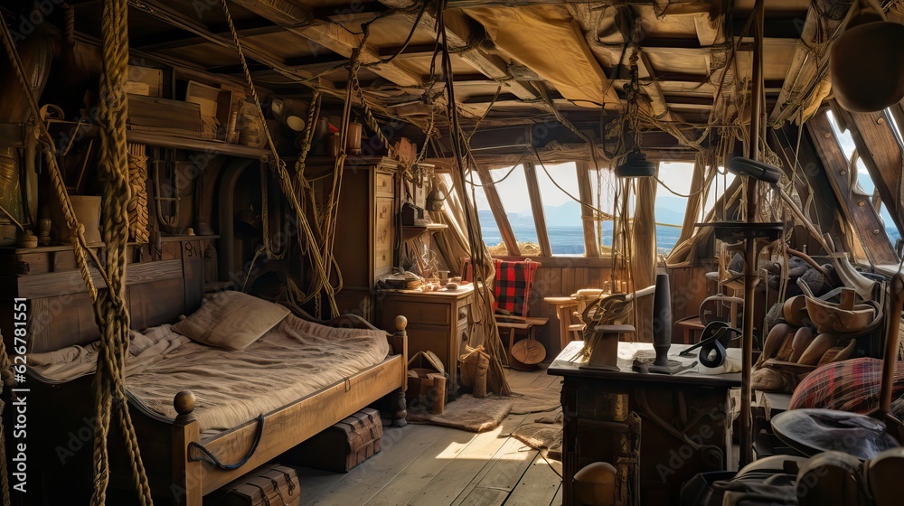 The rustic yet commanding cabin of a pirate ship's captain, filled with ...