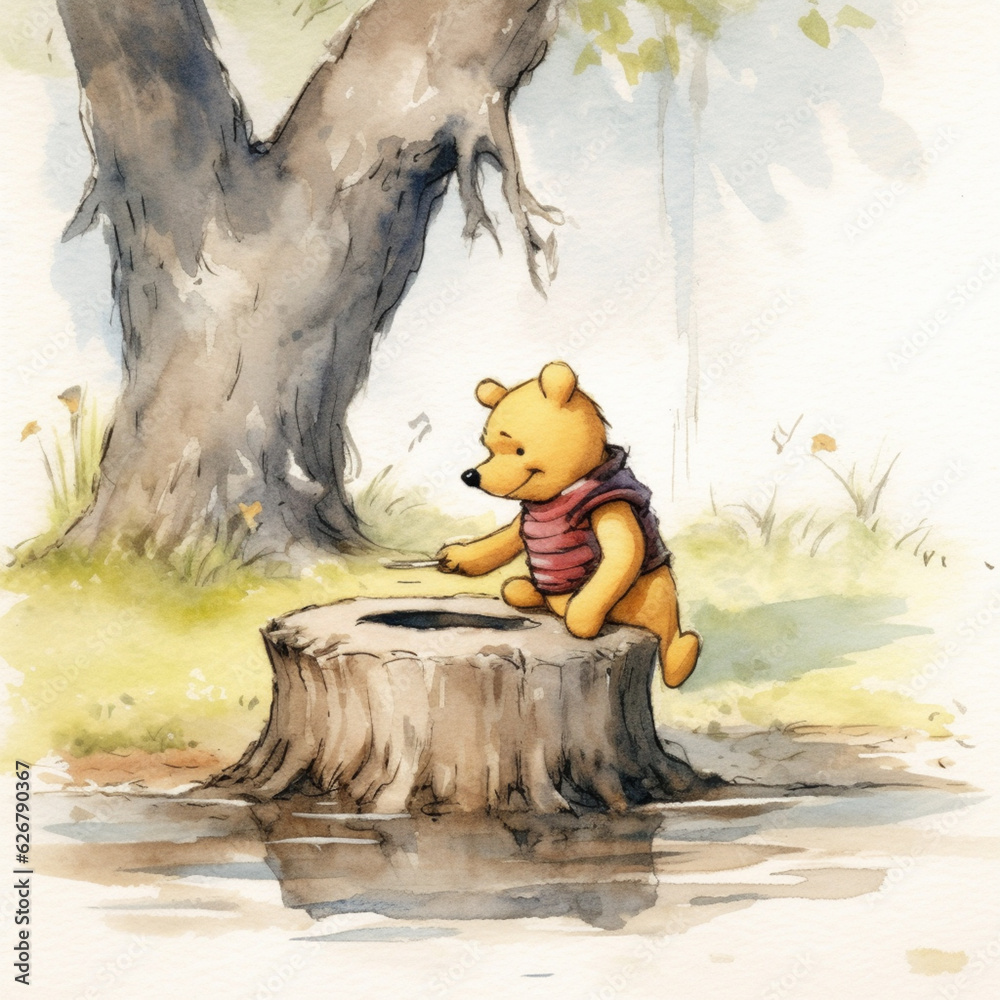 winnie the pooh sitting on a tree stump in front of a tree. generative ...