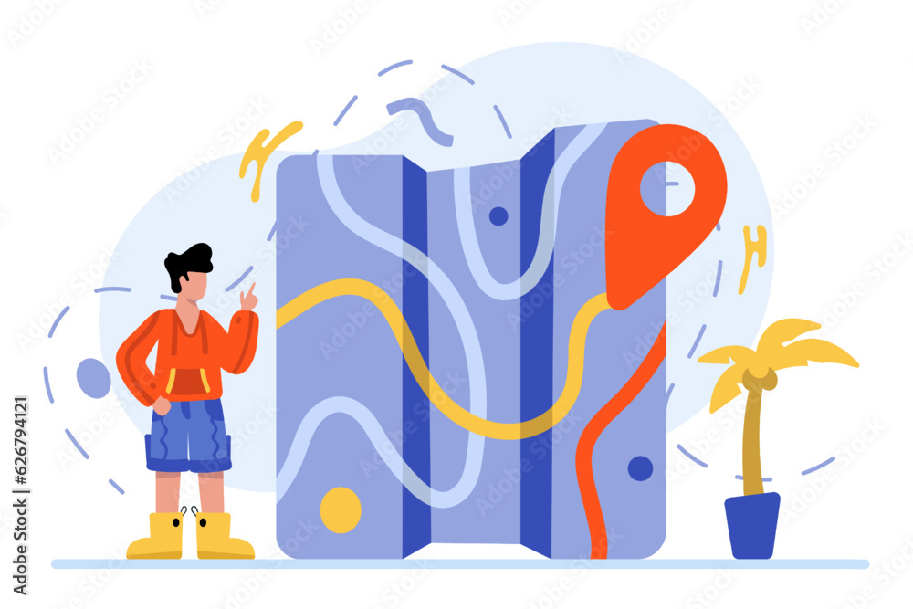 Male standing near big map and prepare for traveling. Traveler ...