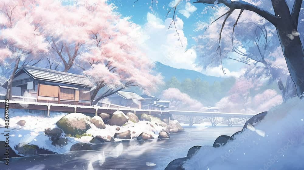 Beautiful fantasy winter nature landscape and cherry blossom tree ...
