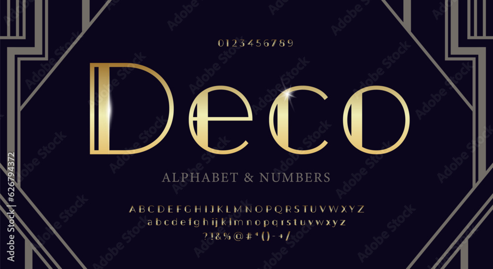 Elegant gold alphabet in art deco style. Font with signs and symbols ...