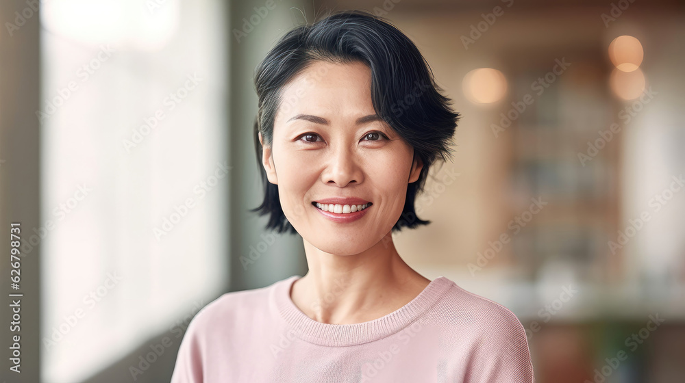 East Asian woman in 40s, black hair, in office Stock Illustration ...
