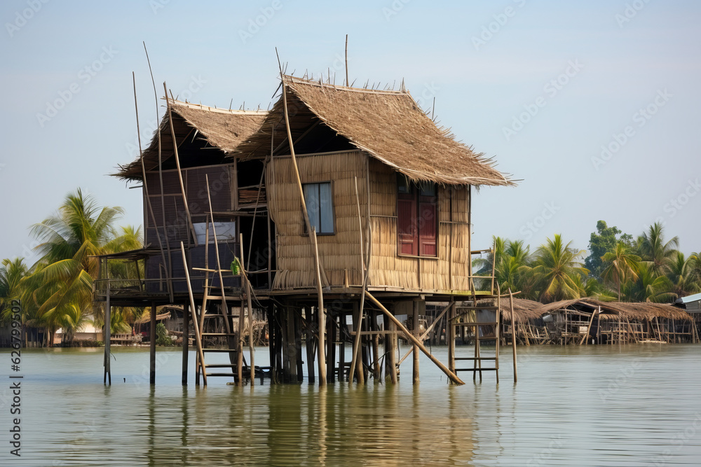 Stilt house, representing the unique architecture of Southeast Asia. Wooden house elevated on ...