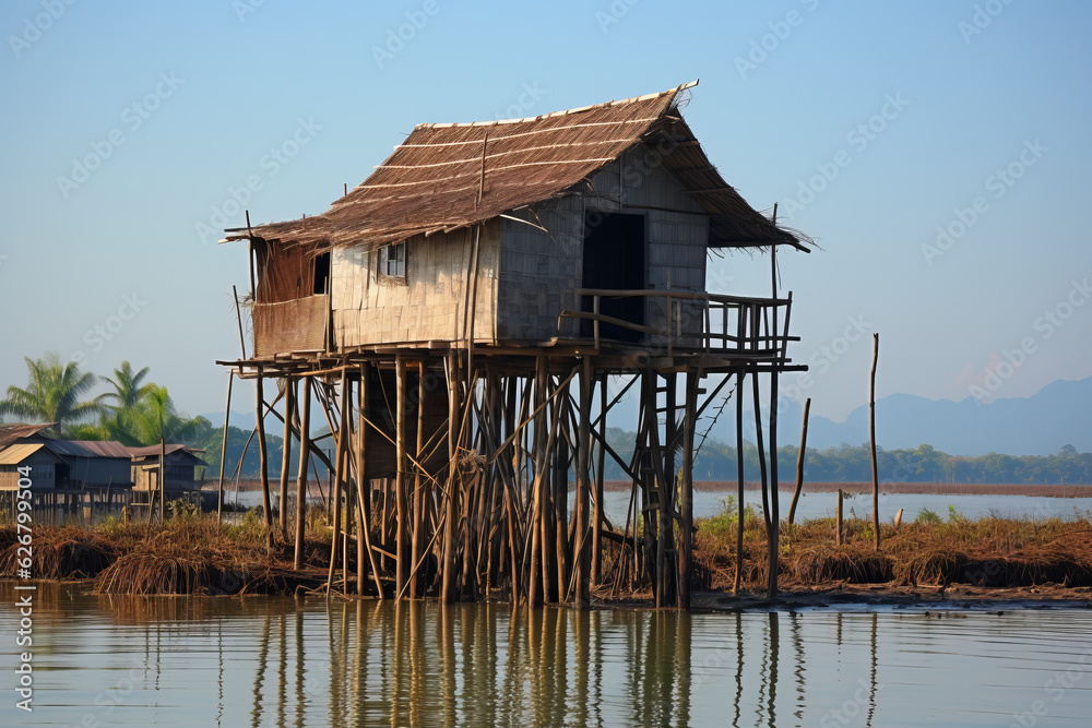 Stilt house, representing the unique architecture of Southeast Asia. Wooden house elevated on ...