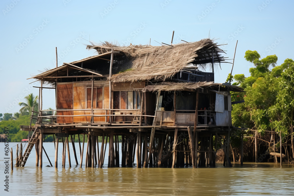 Stilt house, representing the unique architecture of Southeast Asia. Wooden house elevated on ...