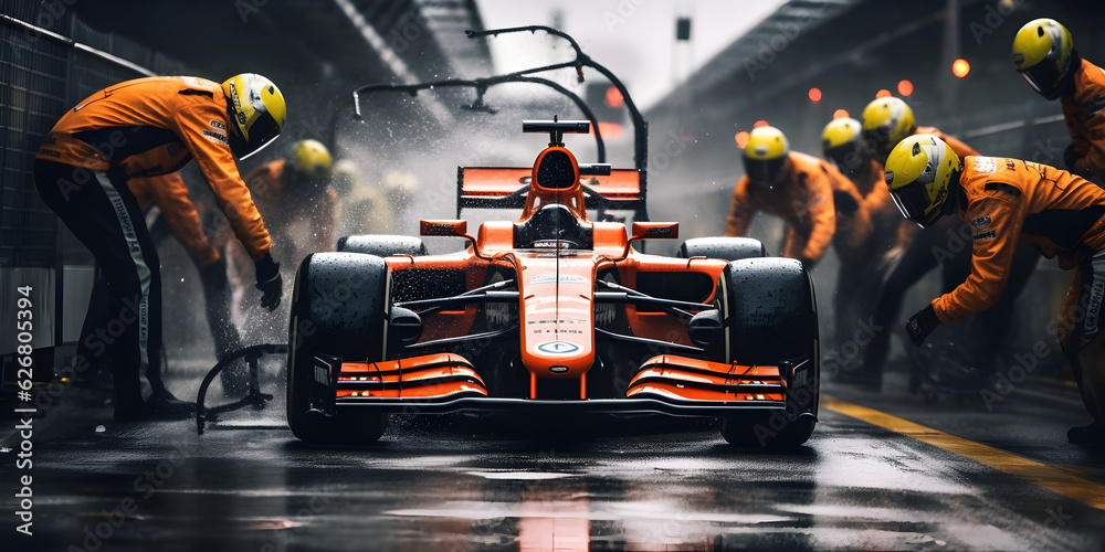 Car race professional pit crew ready for work in the pit lane's pitstop ...