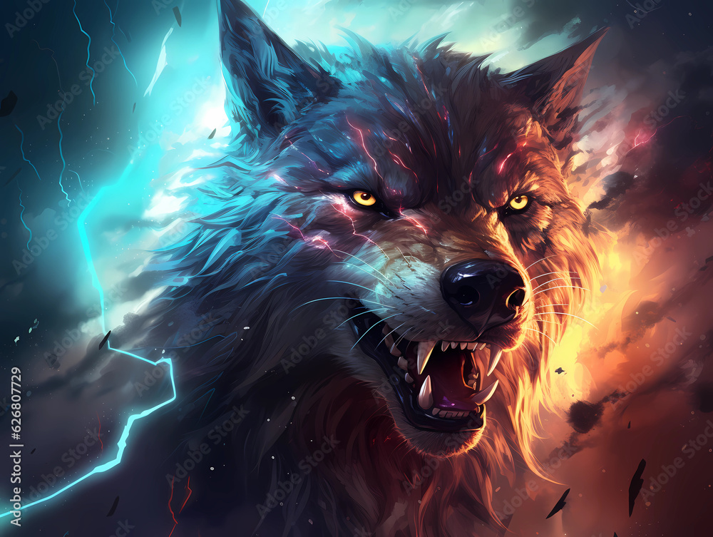 cute, black, cosmic, aggressive, wolf with orange and blue lightning ...