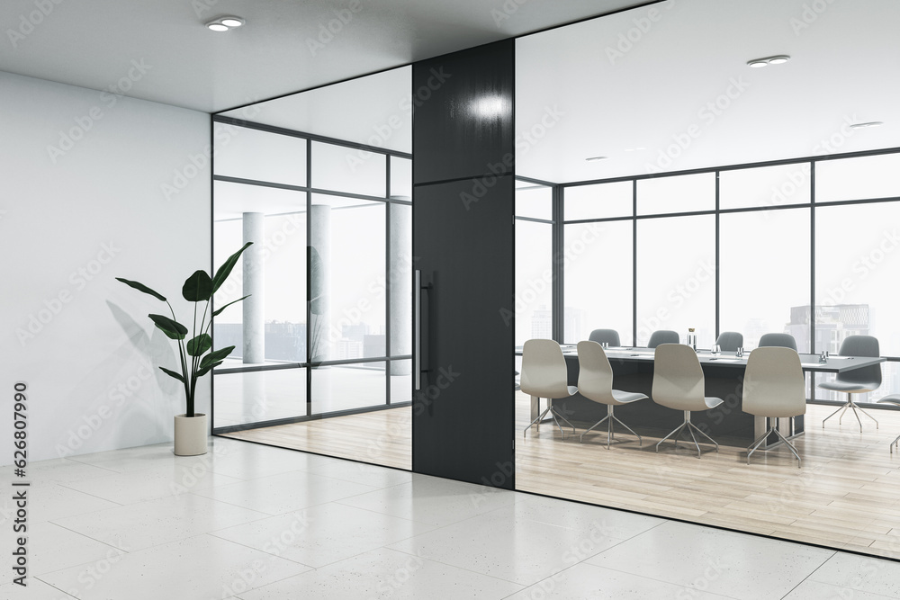 Perspective view of modern office hallway with meeting room with glass ...