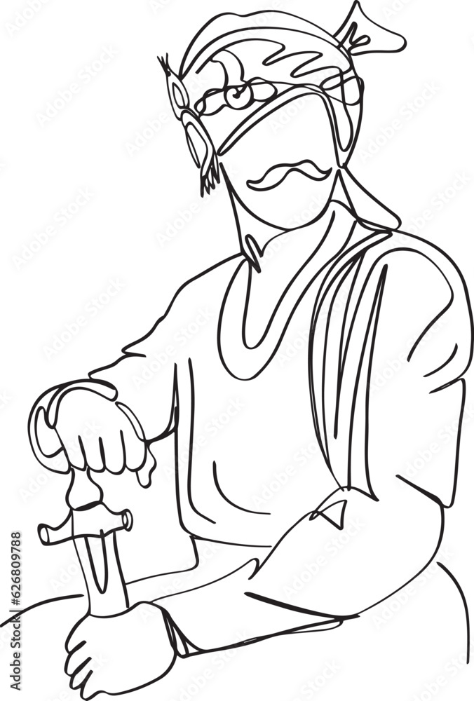 Traditional Indian King: One-Line Sketch Drawing, Indian King Cartoon ...