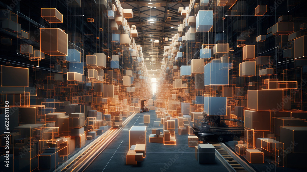 a warehouse filled with goods, packages, and robots, digitally ...