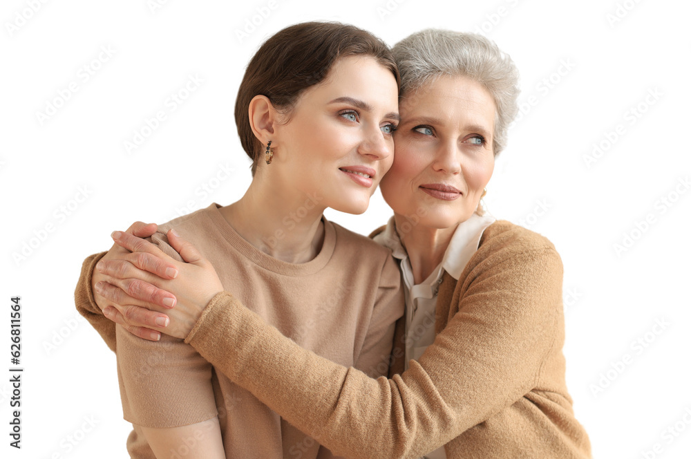 Cheerful young woman is embracing her middle aged mother looking away ...