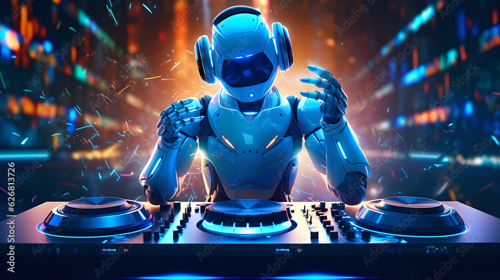 Futuristic robot DJ pointing and playing music on turntables. Robot ...