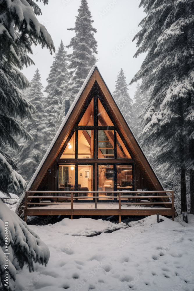 Modern A-frame house cabin in middle of a forest in winter season with ...
