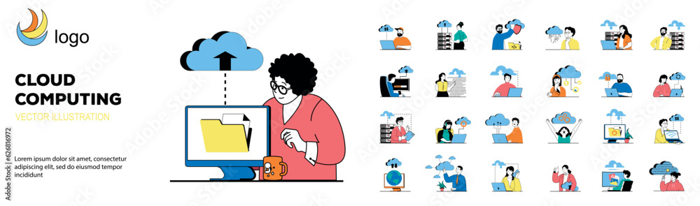 Cloud computing concept with character situations mega set. Bundle of ...