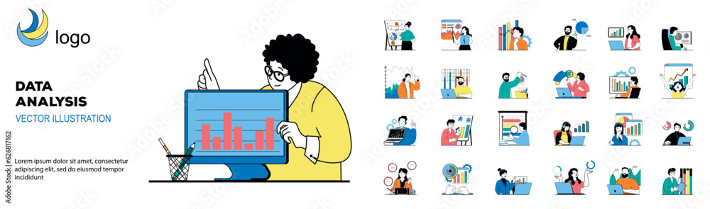 Data analysis concept with character situations mega set. Bundle of ...
