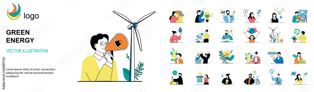 Green energy concept with character situations mega set. Bundle of ...