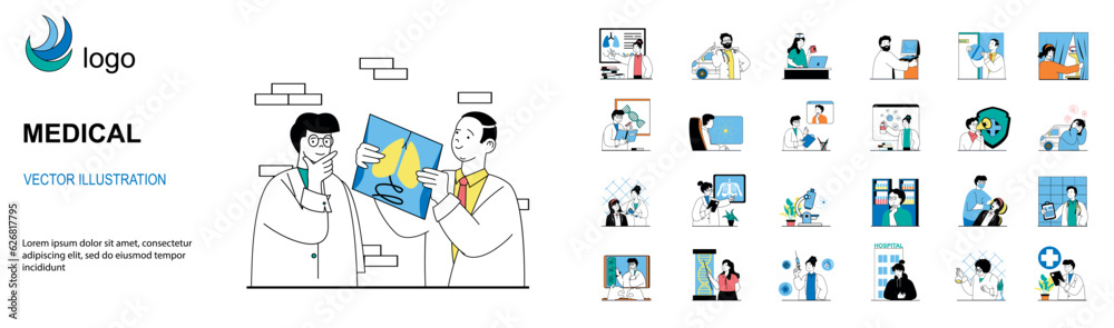 Medical service concept with character situations mega set. Bundle of ...