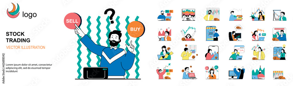 Stock trading concept with character situations mega set. Bundle of ...