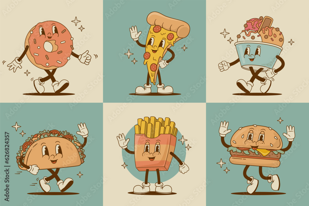 Set of retro cartoon funny fastfood characters. Pizza, burger, french ...