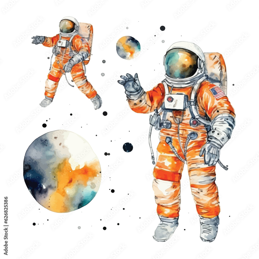 Astronaut and Space Watercolor Clipart Set white background Stock ...