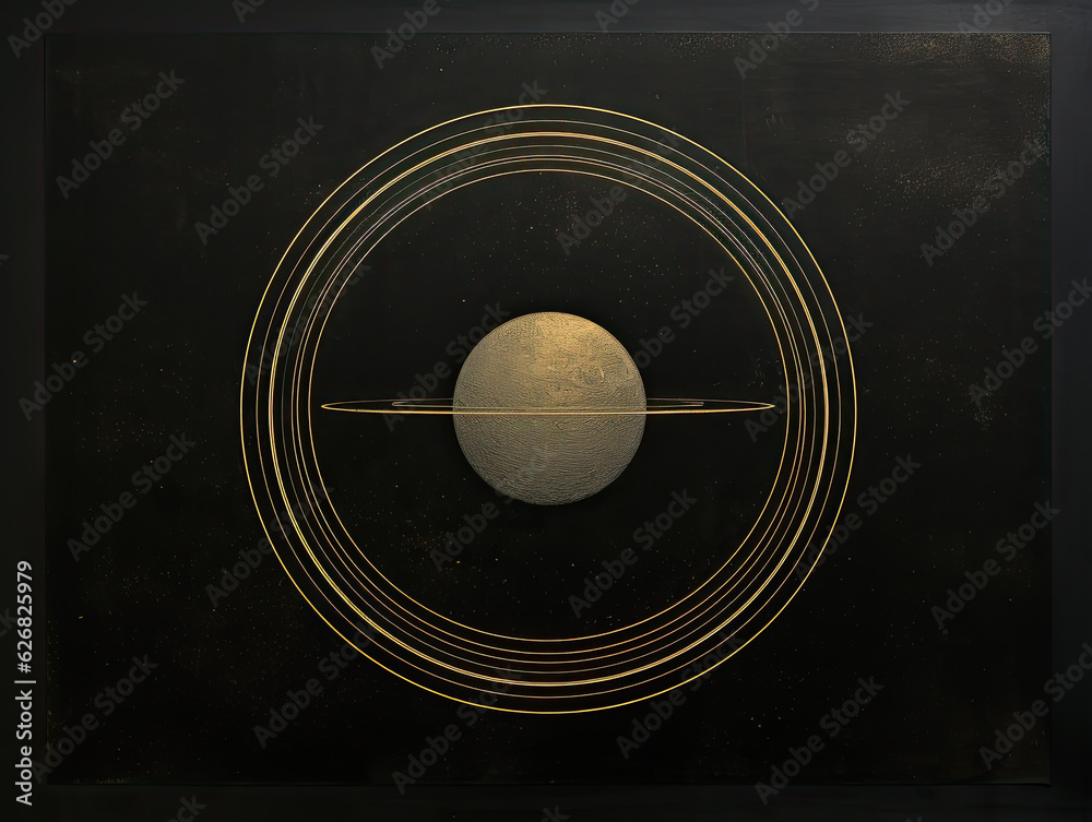 Minimalist Saturn design, rendered in gold-leaf on textured black paper ...