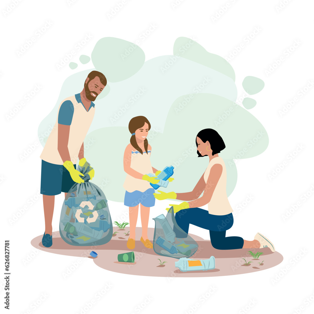 Parents and children put plastic garbage together in trash bags. Take ...