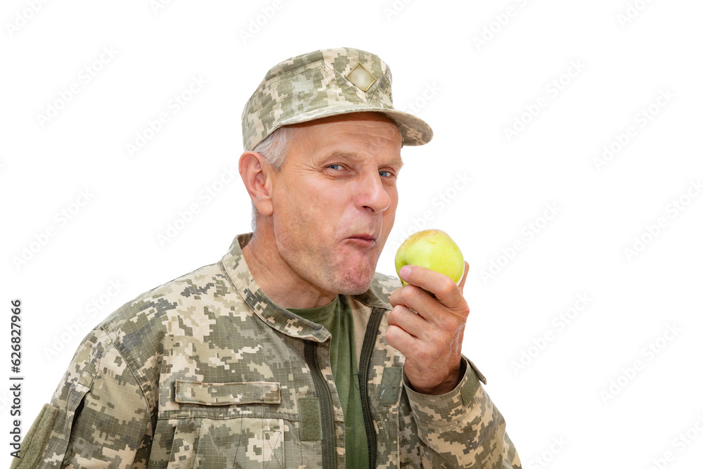 Portrait of old defender isolated on white background. Soldier eats ...