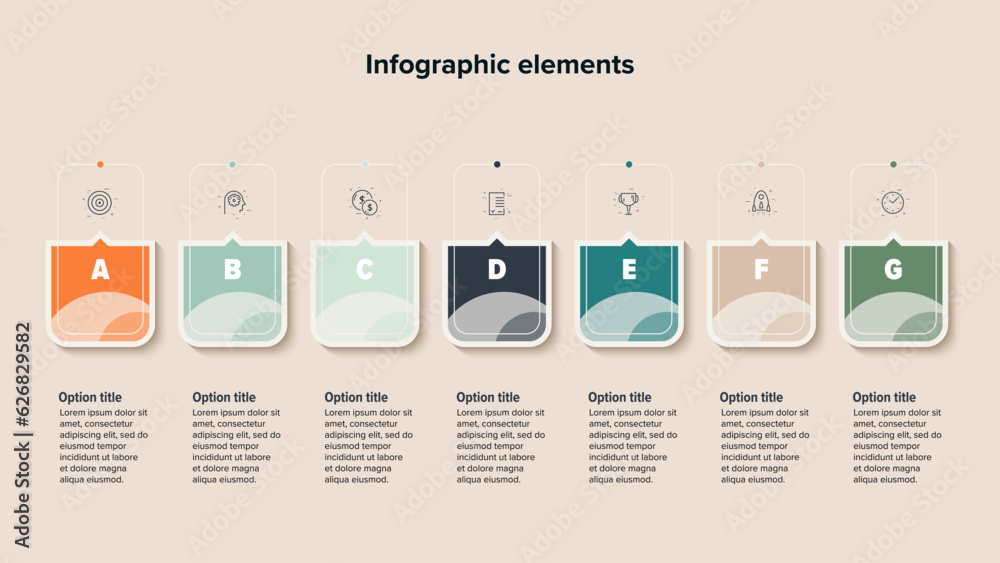 Business process chart infographics with 7 step squares. Rectangular ...