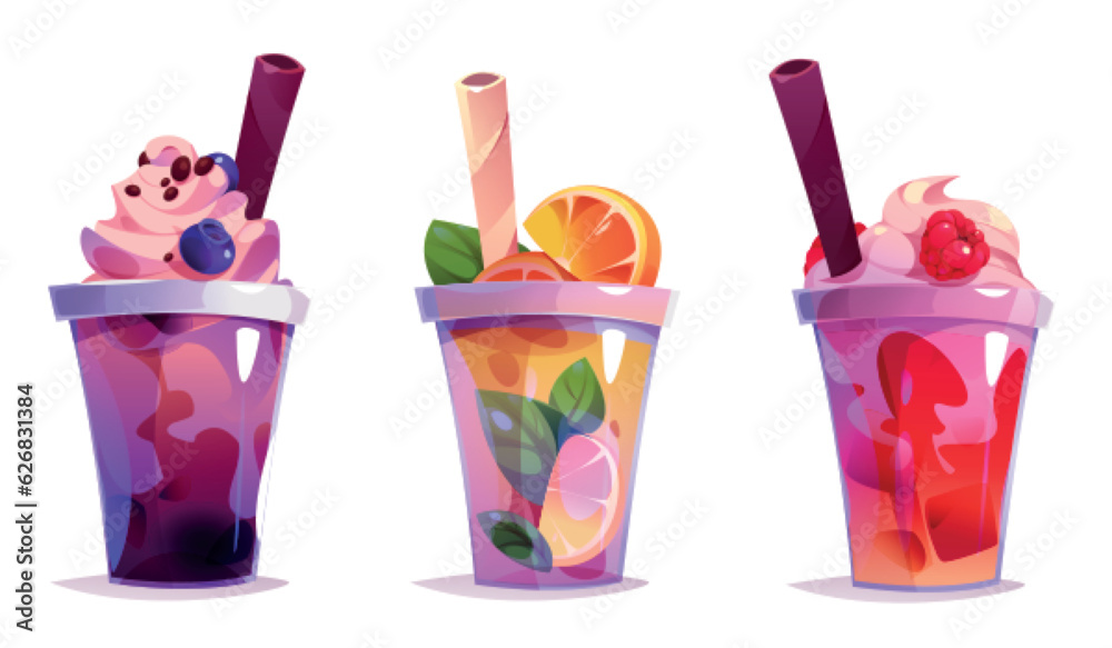 Milk drink, bubble tea and ice coffee. Cute plastic cups with cold ...