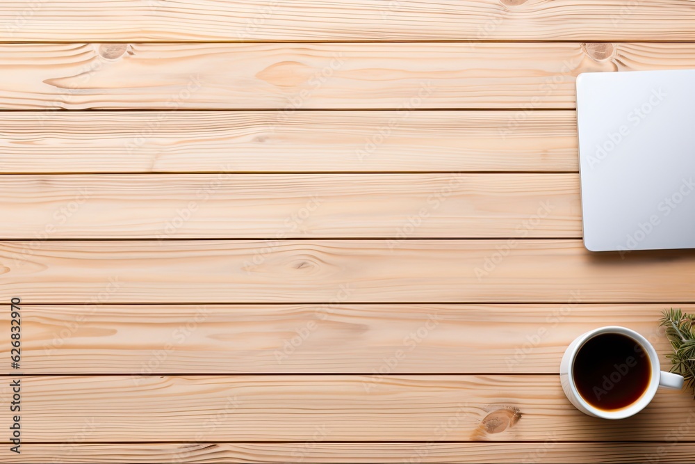Wood Office Desk with Laptop, Coffee, and Supplies. Top View Flat Lay ...