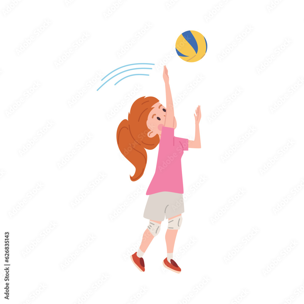 Girl volleyball player raised hands up to hit the ball, happy kid play ...