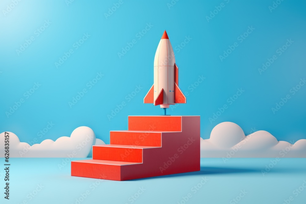 cardboard ramp rocket launch on blue background, business startup ...