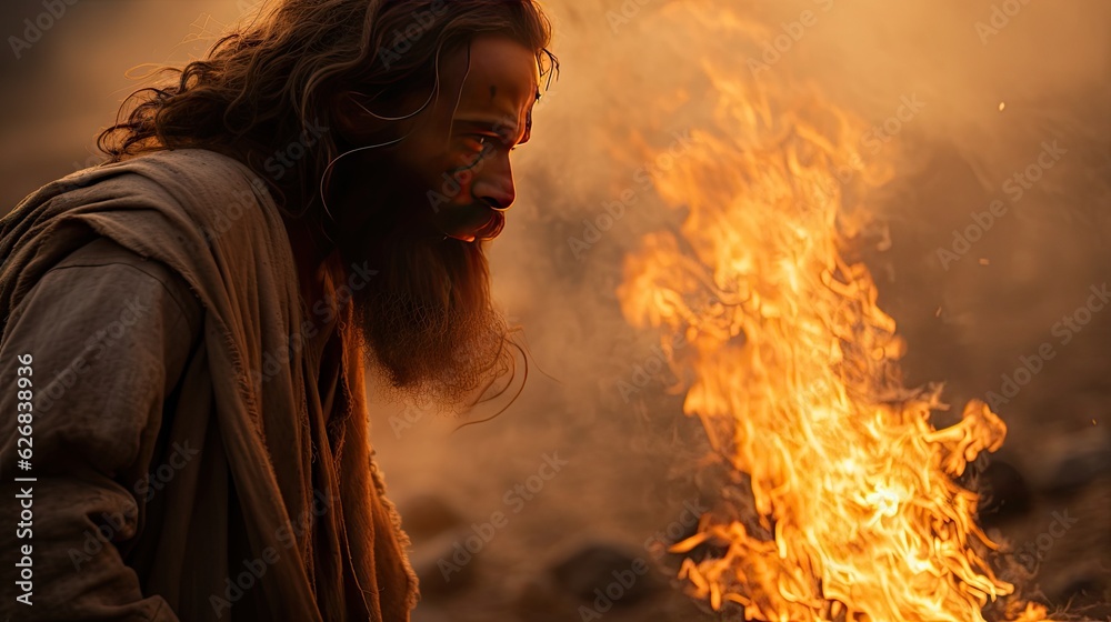 Person in the forest, Prophet Moses and the bush burning with fire ...