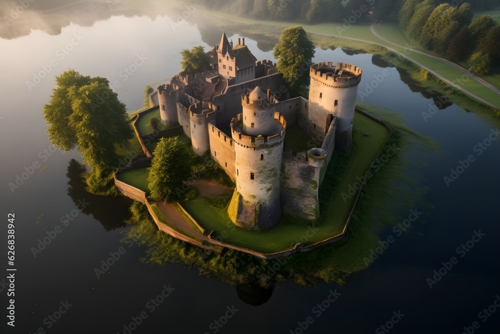 An awe-inspiring aerial photo of a medieval castle surrounded by a moat ...