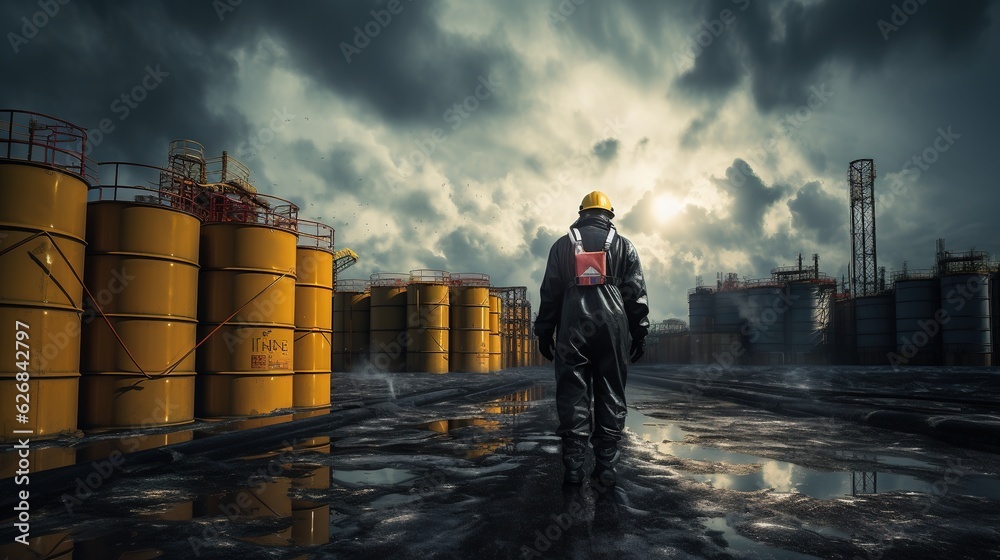 Chemical worker carrying canisters with hazardous materials and ...